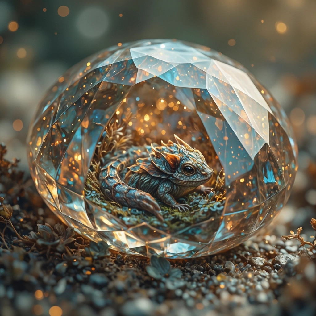 gemstone with a small hidden creature inside, ultra-...