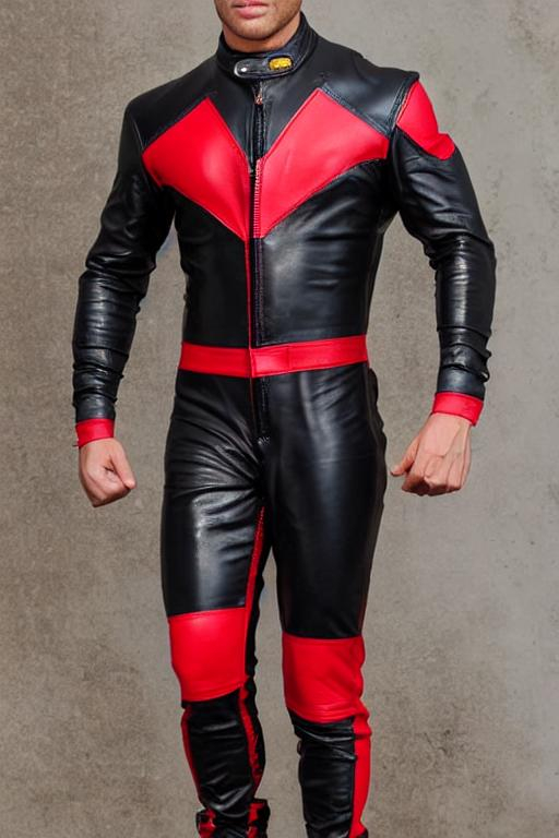 muscular man, black and red leather racer suit
