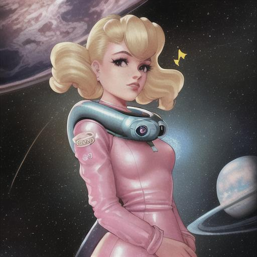 50's blonde wearing a retro pink space suit, on neptune | OpenArt