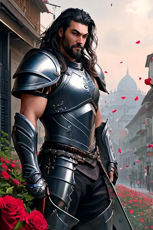 [Jason Momoa] handsome paladin in plate armor with a...