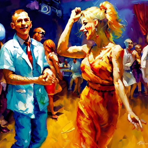An oil painting of a lively party scene in one half,... | OpenArt