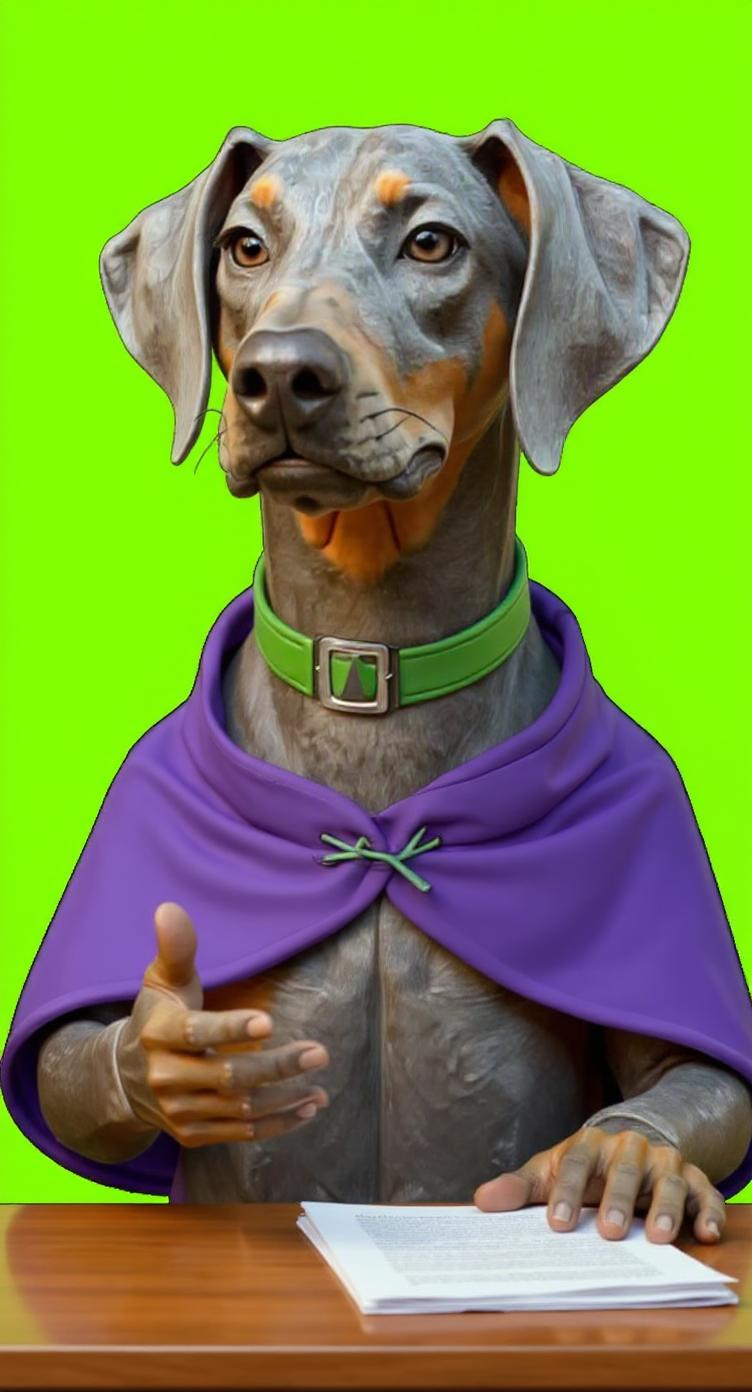 Create an image of Villy the dog looking authoritati...