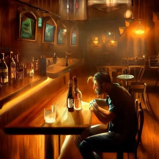 A man drinking whiskey alone in the empty bar sad