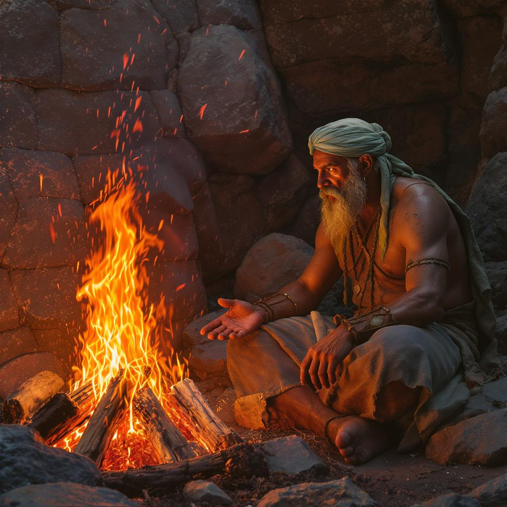 A stone age father sat by the fire, telling his son...