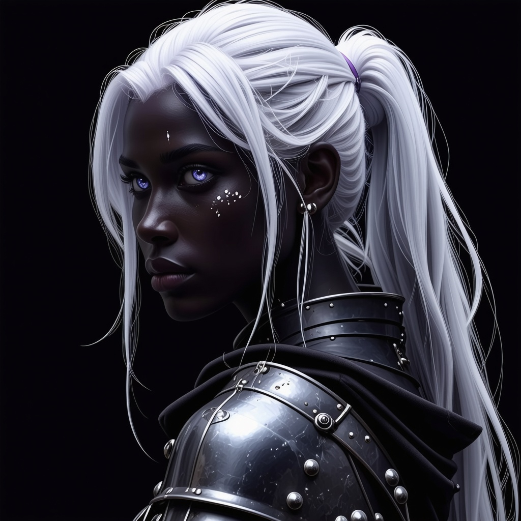 A female drow knight with silver eyes and white hair...