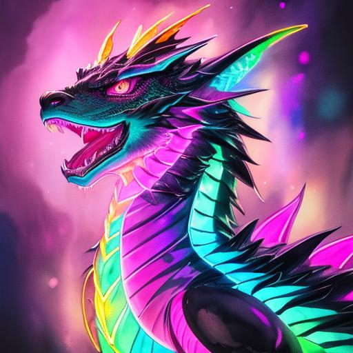 portrait of a roaring neon dragon with fangs and iri...