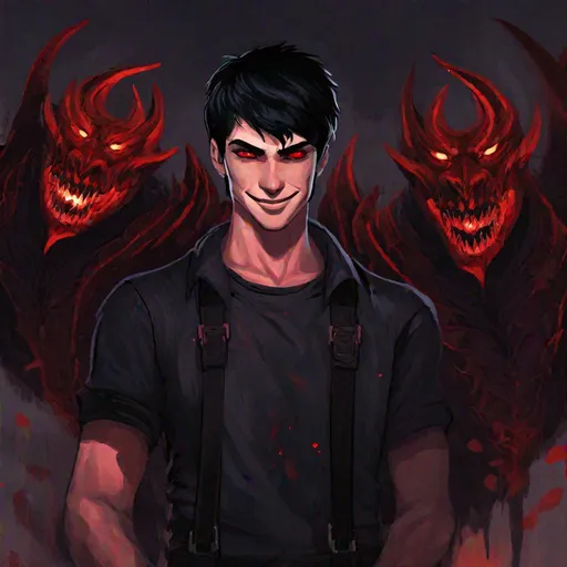 Damien (male, short black hair, red eyes) grinning s...