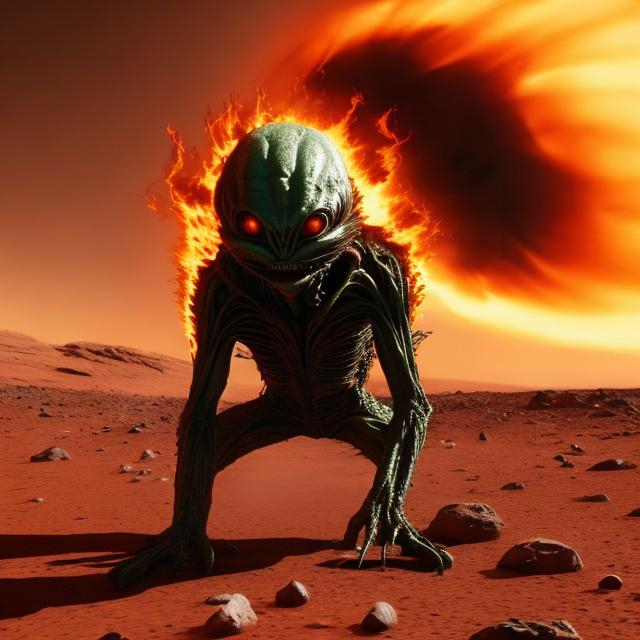 A alien crawling out of a burning and exploded space...