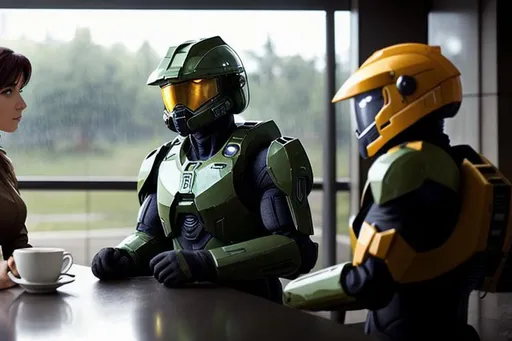 Master Chief Sitting in a cafe with cortana and its... | OpenArt