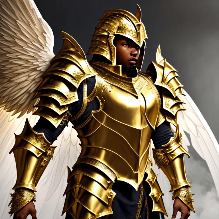 African American male paladin, with golden wings, in...