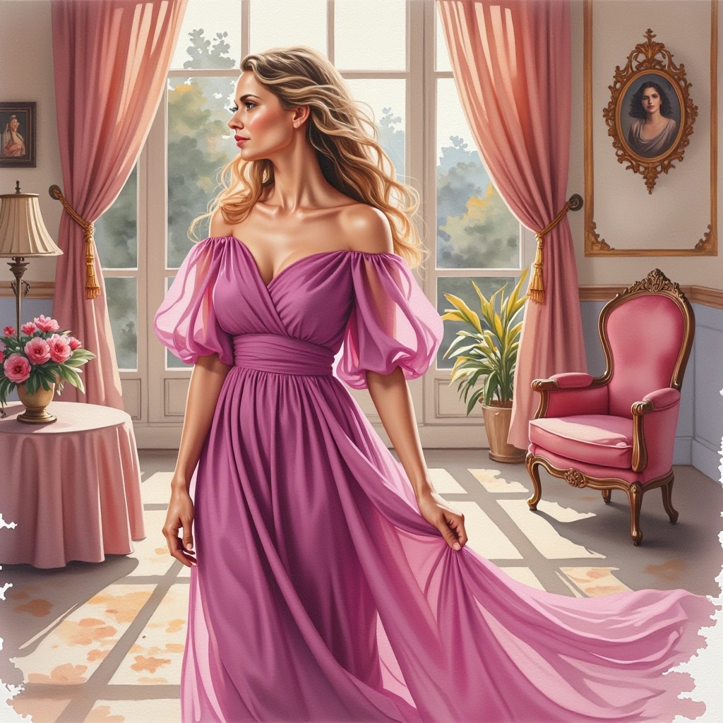 Woman in an opulent room wearing magenta dress