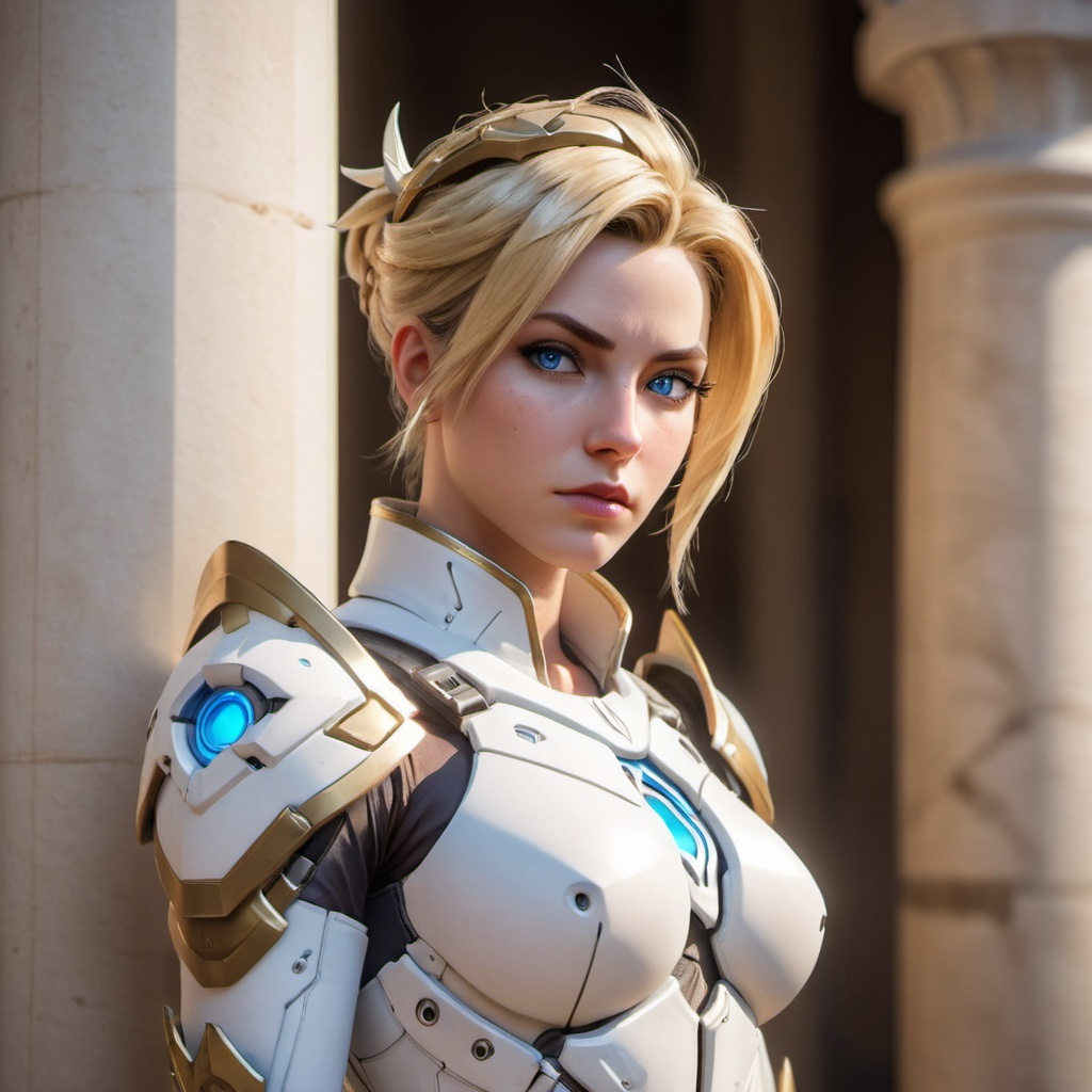 hyperrealist photo of mercy from overwatch, white ar...