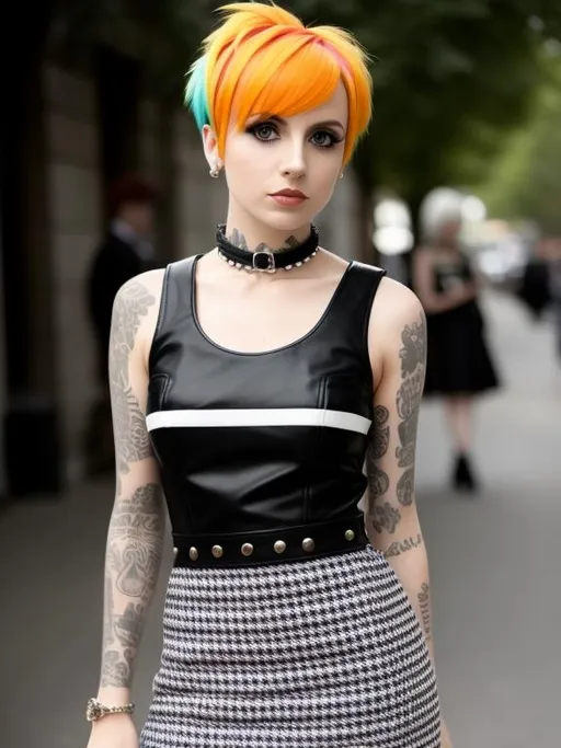 woman wearing vintage mod clothing but with punk hai... | OpenArt