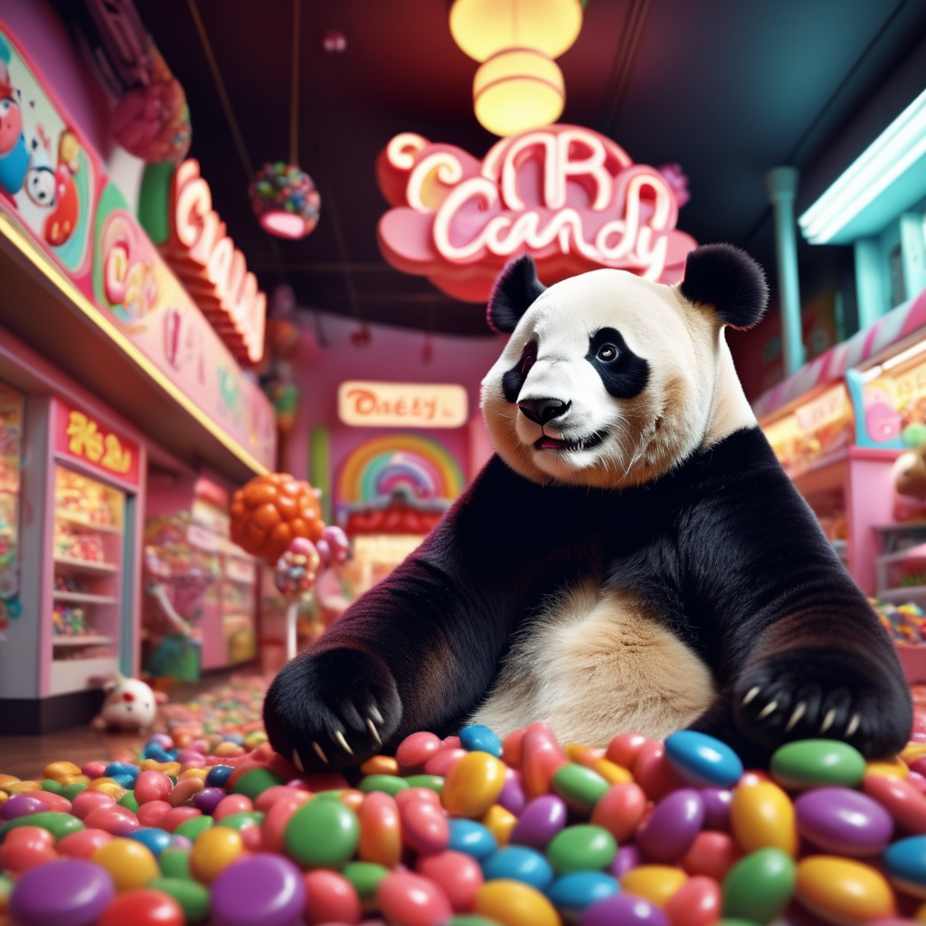 Realistic panda bears in a candy land environment