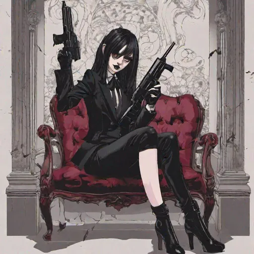 gothic girl with a black suit and a gun | OpenArt