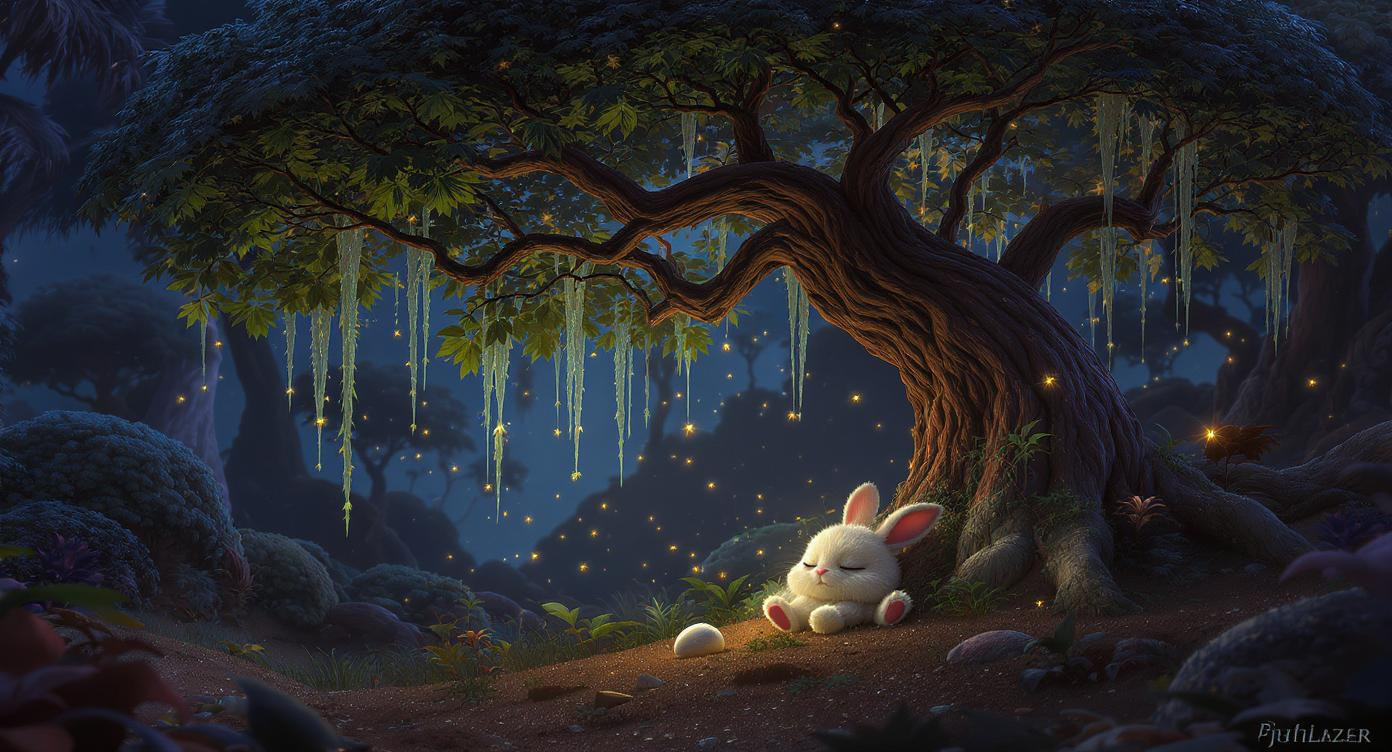 In a dense forest at night, a small rabbit was sleep...
