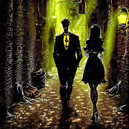 We see a dark and shadowy alleyway, with tall brick... | OpenArt