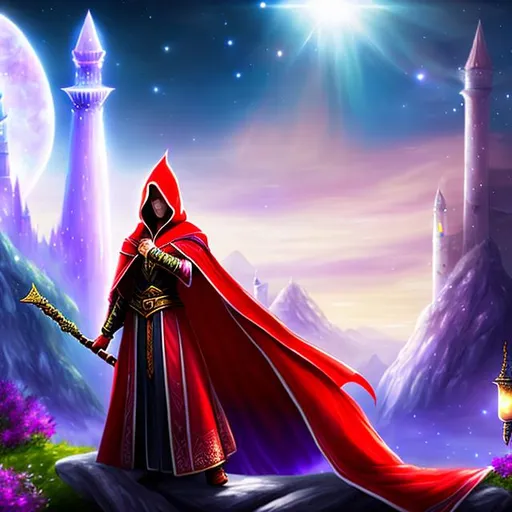 Red hooded wizard with white robes and dark grey ski... | OpenArt