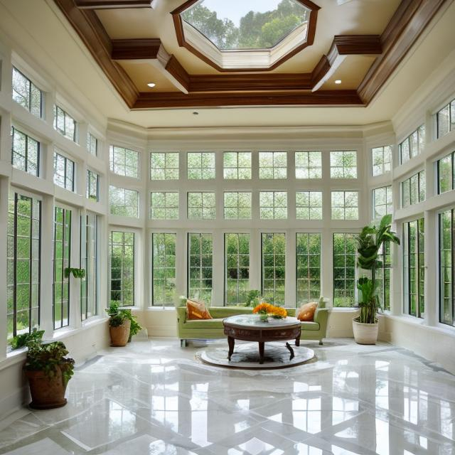sunroom with marble tile floors and windows looking...