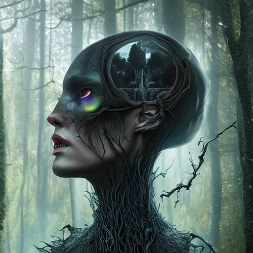 witch with alien geometry head, dark forest, misty,... | OpenArt
