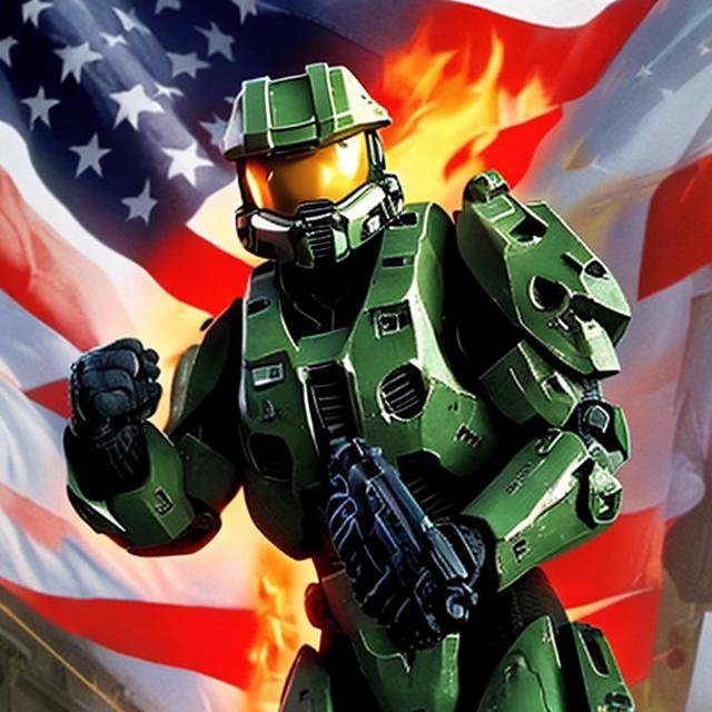 Master Chief holding Flag of the US with fist in the... | OpenArt
