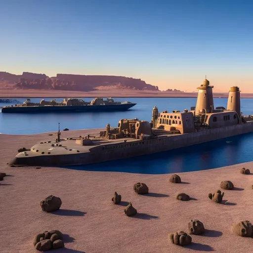 giant port in the desert with a submarine, hyperreal...