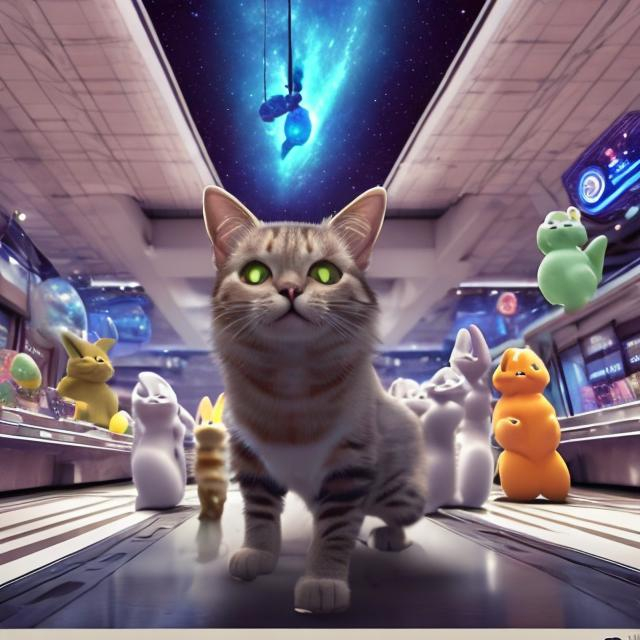 cat security guards in a busy alien mall, widescreen...