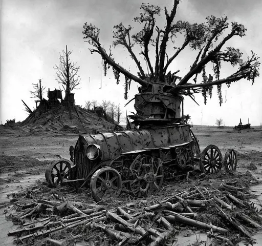 A steampunk turret is mounted on top of A battered s...