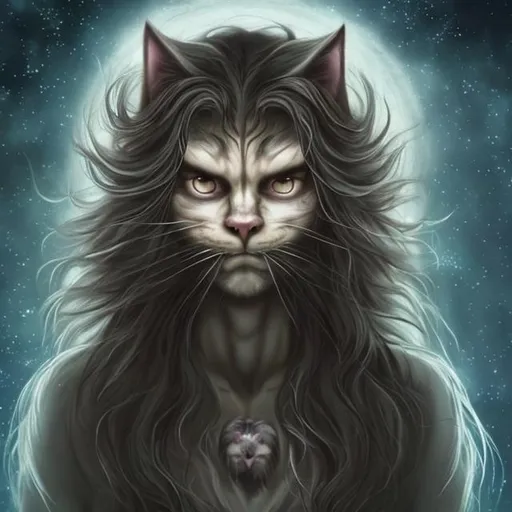creepy long haired cat man with beautiful eyes, magi...
