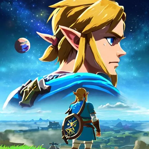 Zelda breath of the wild with link looking over Hyru...