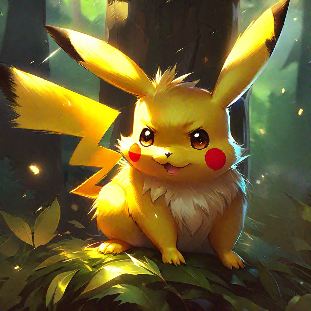 cute fluffy Pikachu, forest colours, sparkling eyes,...