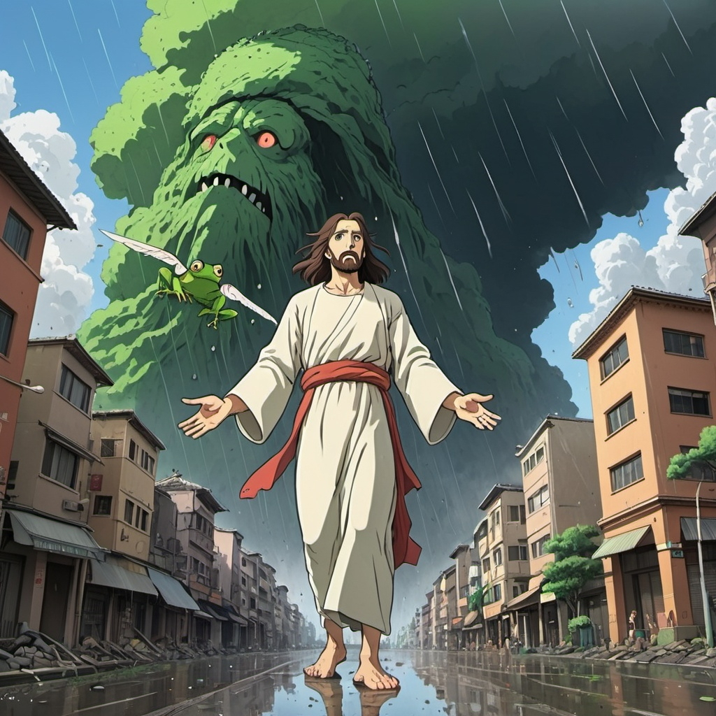 Ghibli 2D anime style. 900 ft tall Jesus destroying...
