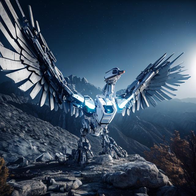 a white full robotic cyborg bird resting on a rock a...