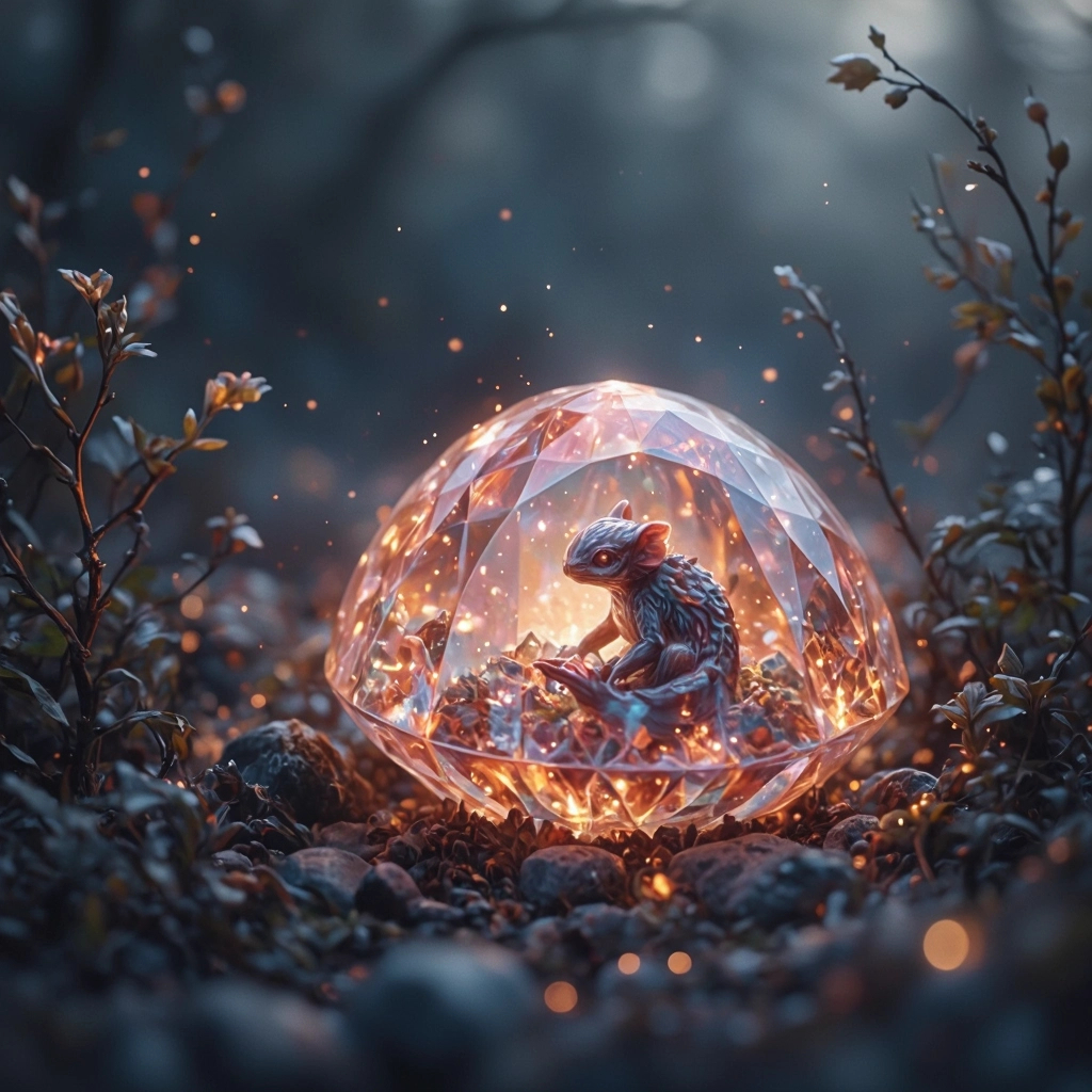 gemstone with a small hidden creature inside, ultra-...