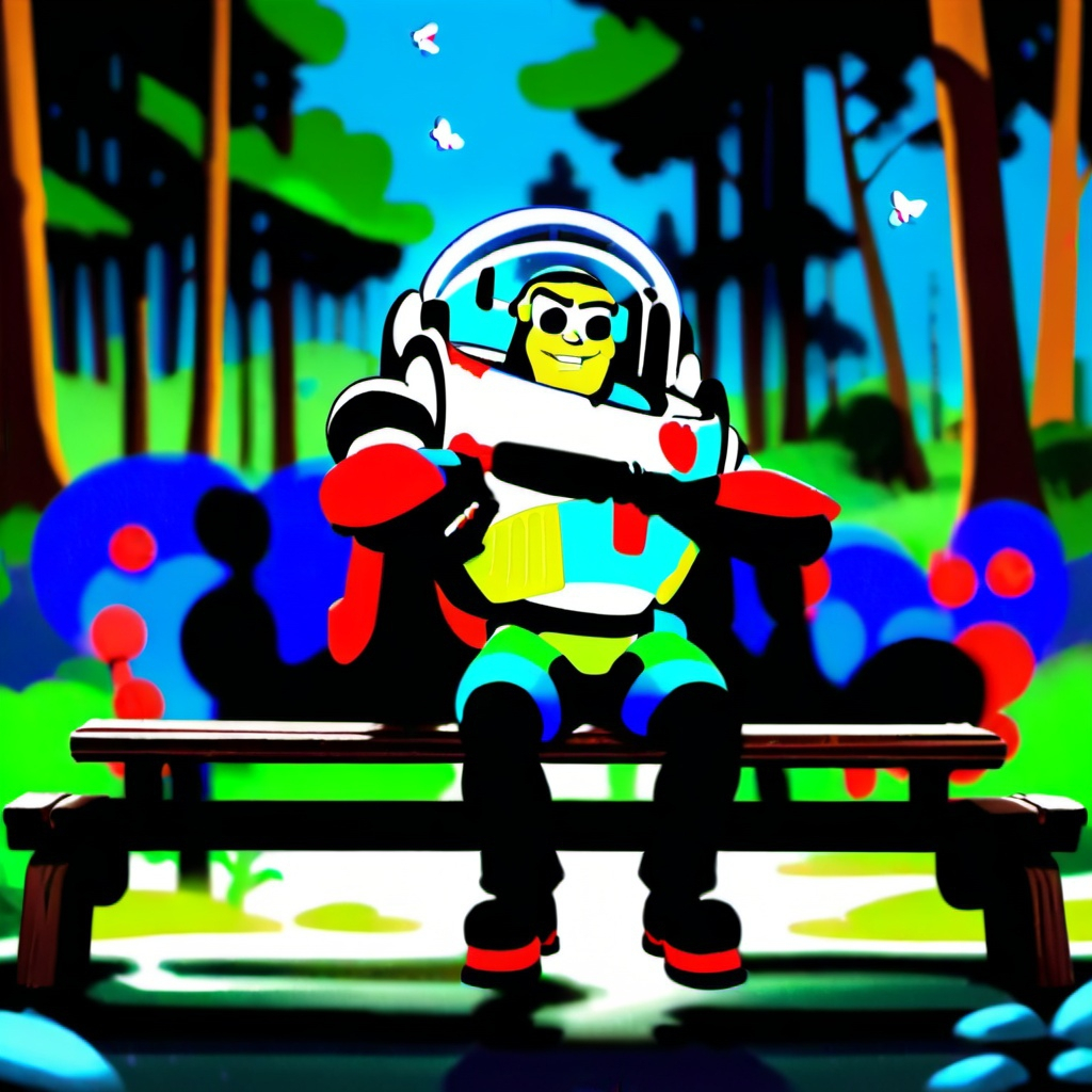 buzz lightyear sitting on a bench while elastagirl i...