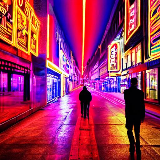 A man walking around city lights , neon theme ,moder... | OpenArt