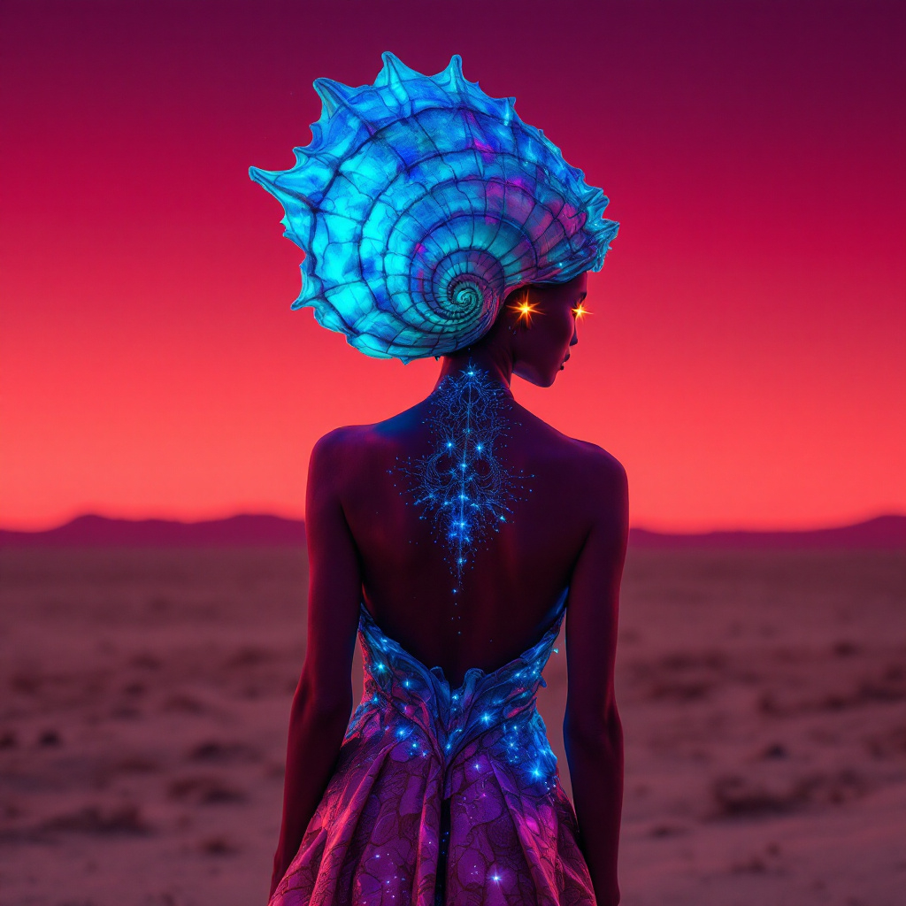 A woman with the back of a giant seashell, her skin...