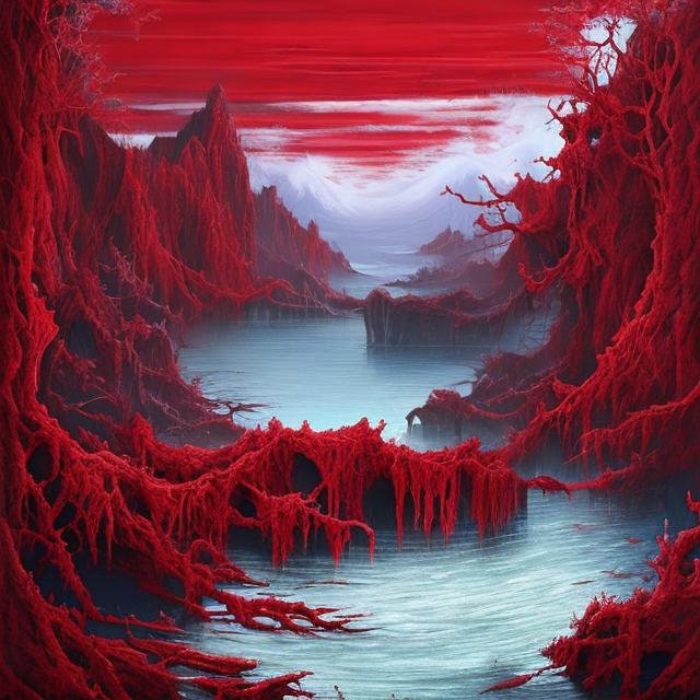 painting, crimson ocean, bloody tears, waterfall