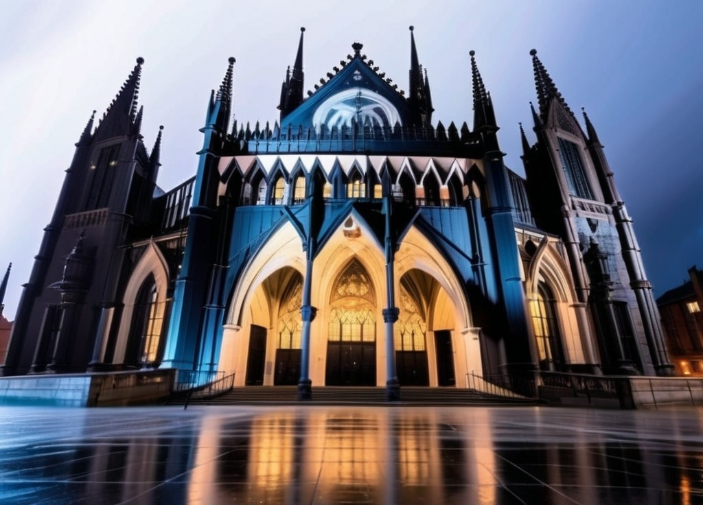 black gothic museum at night with thunder in background