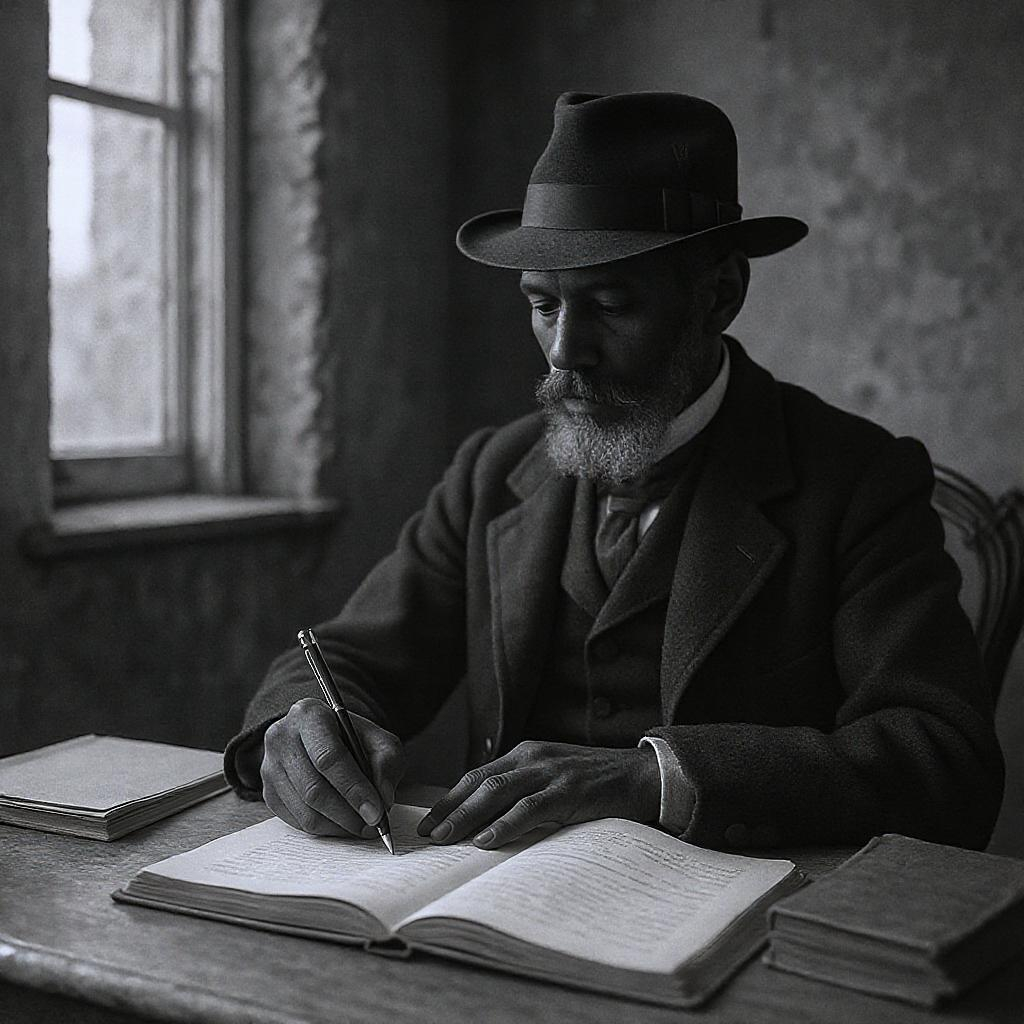 A black and white scene of a writer in the early 190...