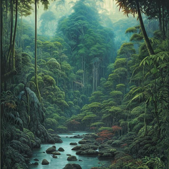 Landscape painting, lush and dark jungle, a wild slo...