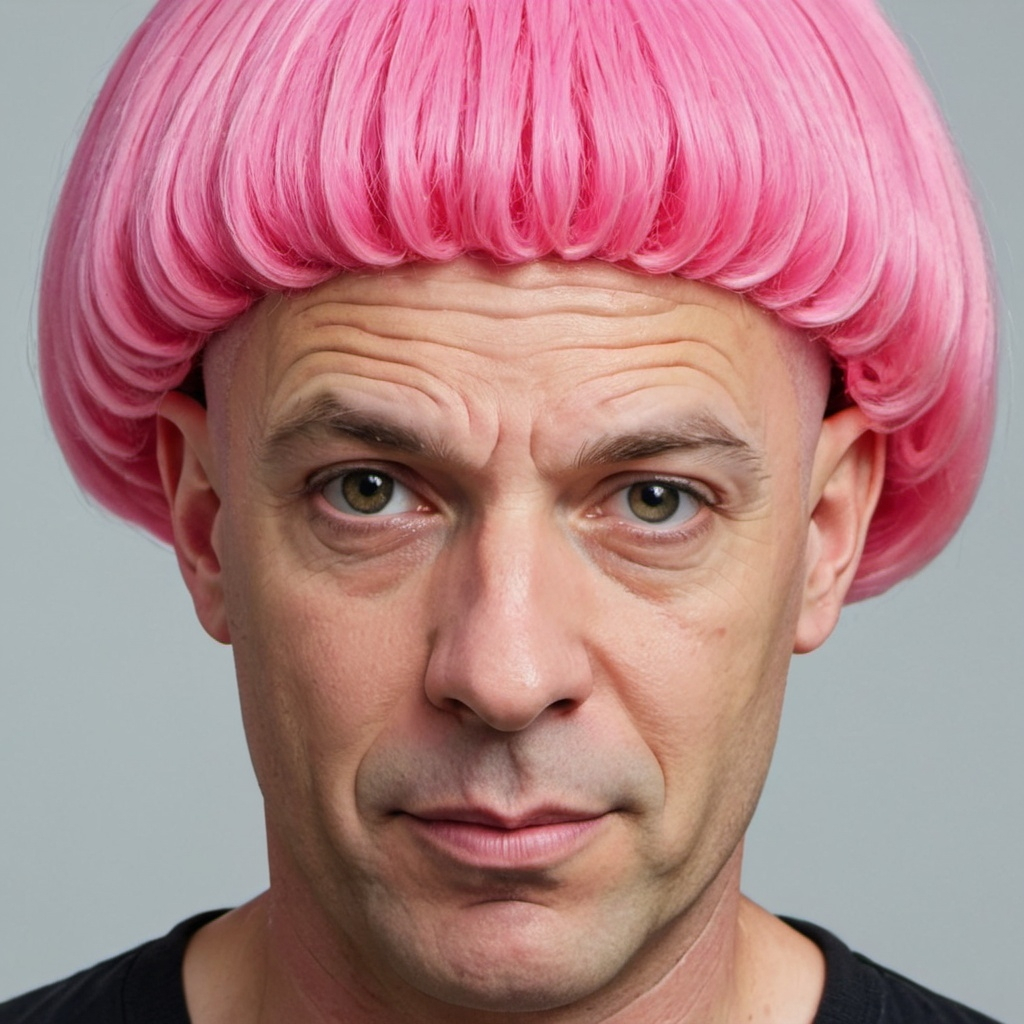 a bald man with a pink wig on his head