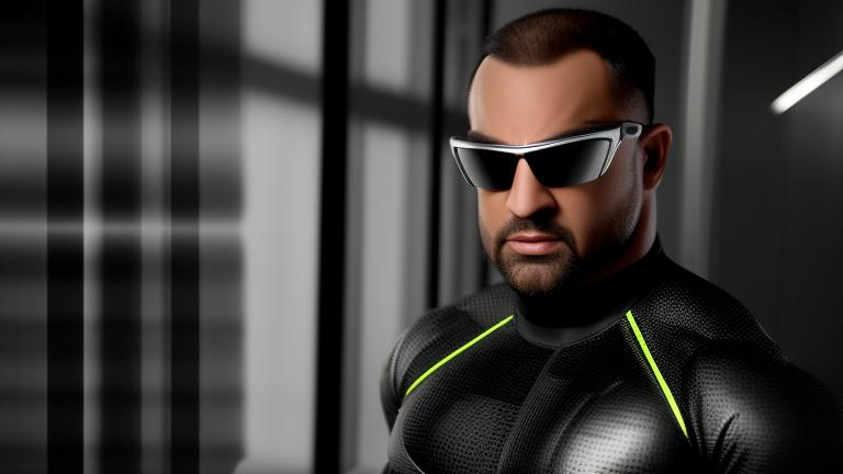 (full body shot) of a beefy android spy bodybuilder...