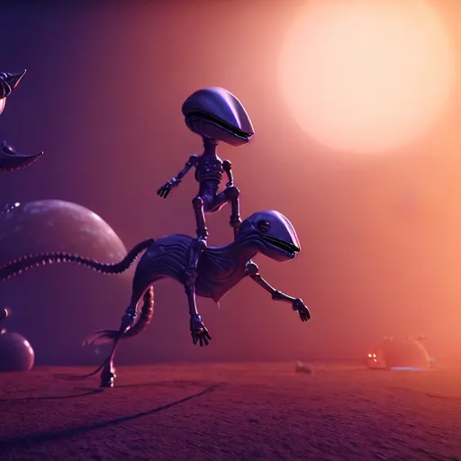 extreme long shot, cute alien rides a horse, highly... | OpenArt