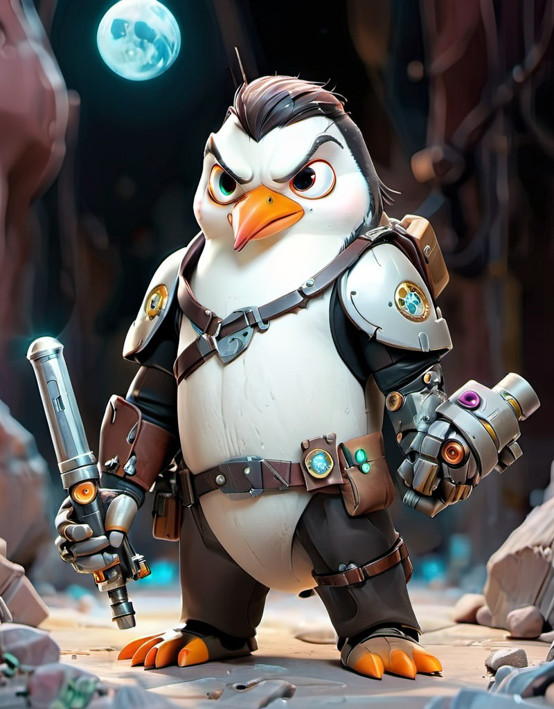A steampunk post apocalictiv penguin with cyborg add...