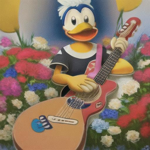 donald duck with flowers and a guitar