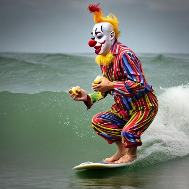 clown eat banana while surfing