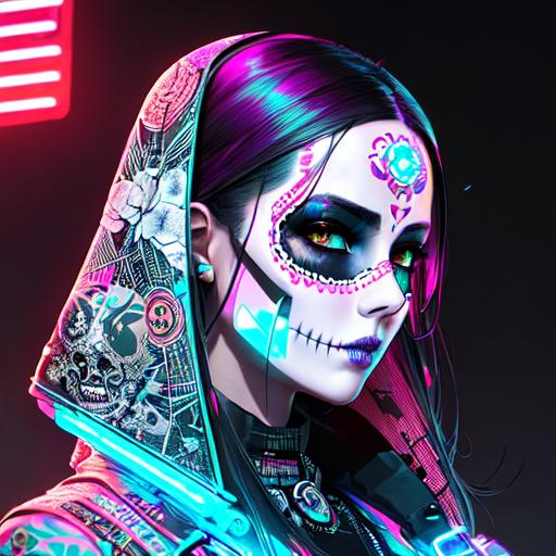 detailed portrait Neon guitar, sugar skull makeup, c... | OpenArt