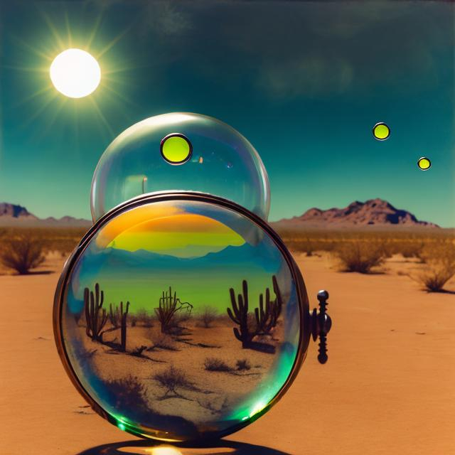 empty desert, pocket watches enclosed in soap bubble...
