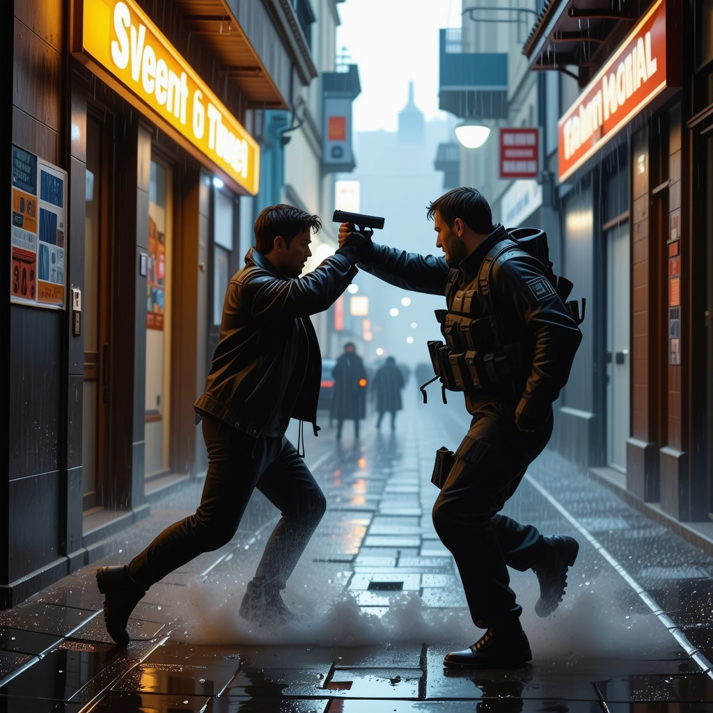 create a scene of two people fighting fiercely in th...